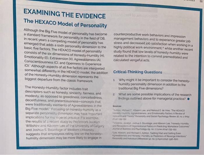55 EXAMINING THE EVIDENCE The HEXACO Model of | Chegg.com
