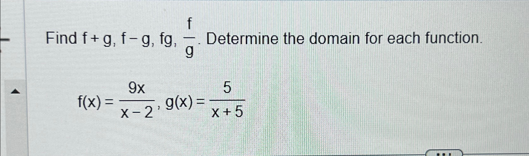 Solved Find f+g,f-g,fg,fg. ﻿Determine the domain for each | Chegg.com