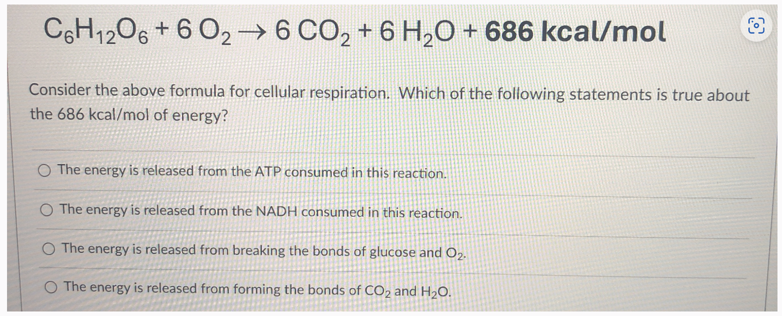 Solved C6H12O6+6O2→6CO2+6H2O+686kcalmolConsider the above | Chegg.com
