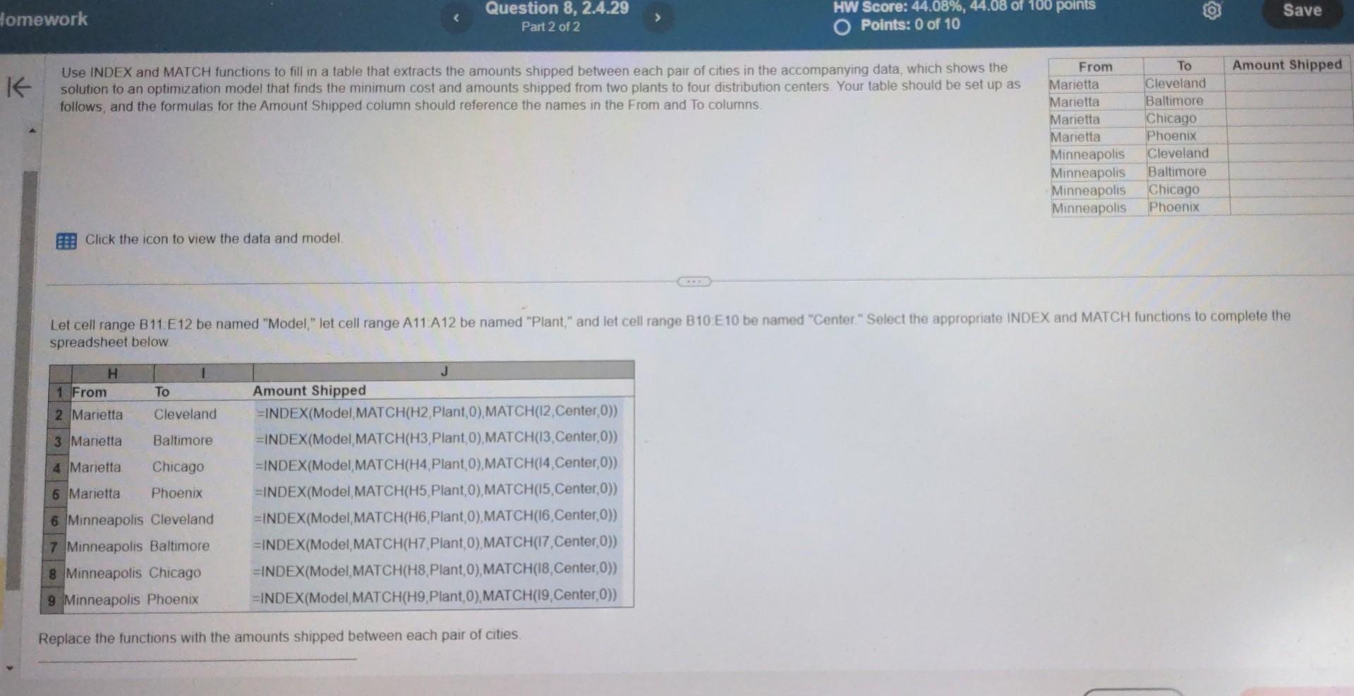 Solved Use INDEX and MATCH functions to fill in a table that | Chegg.com