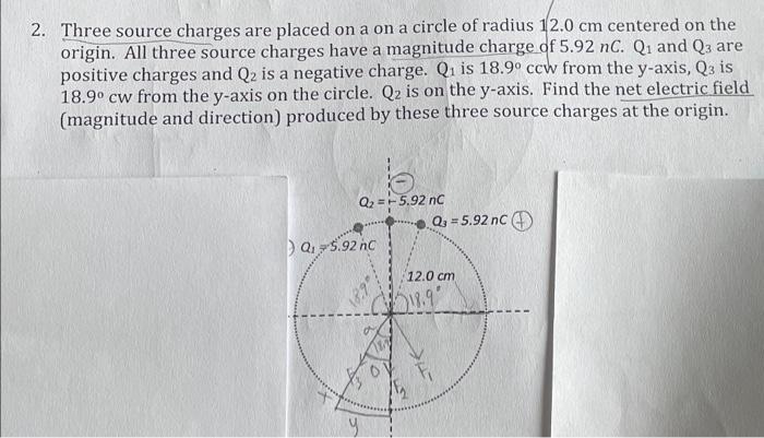 Solved 2. Three source charges are placed on a on a circle | Chegg.com