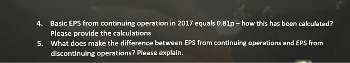 Solved 4. Basic EPS from continuing operation in 2017 equals | Chegg.com