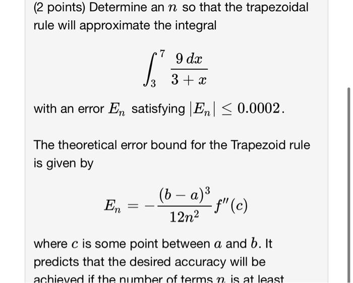 Solved (2 points) Determine an n so that the trapezoidal | Chegg.com