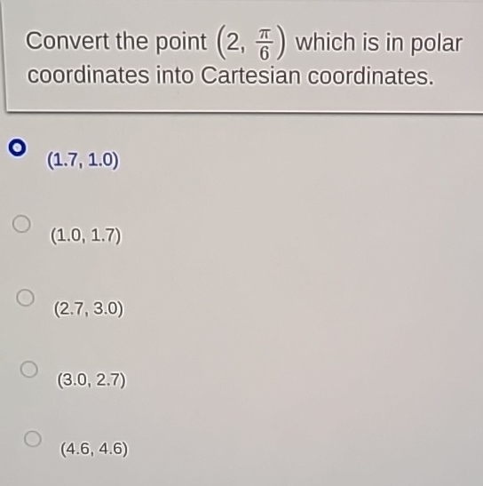 Solved Convert the point (2,π6) ﻿which is in polar | Chegg.com