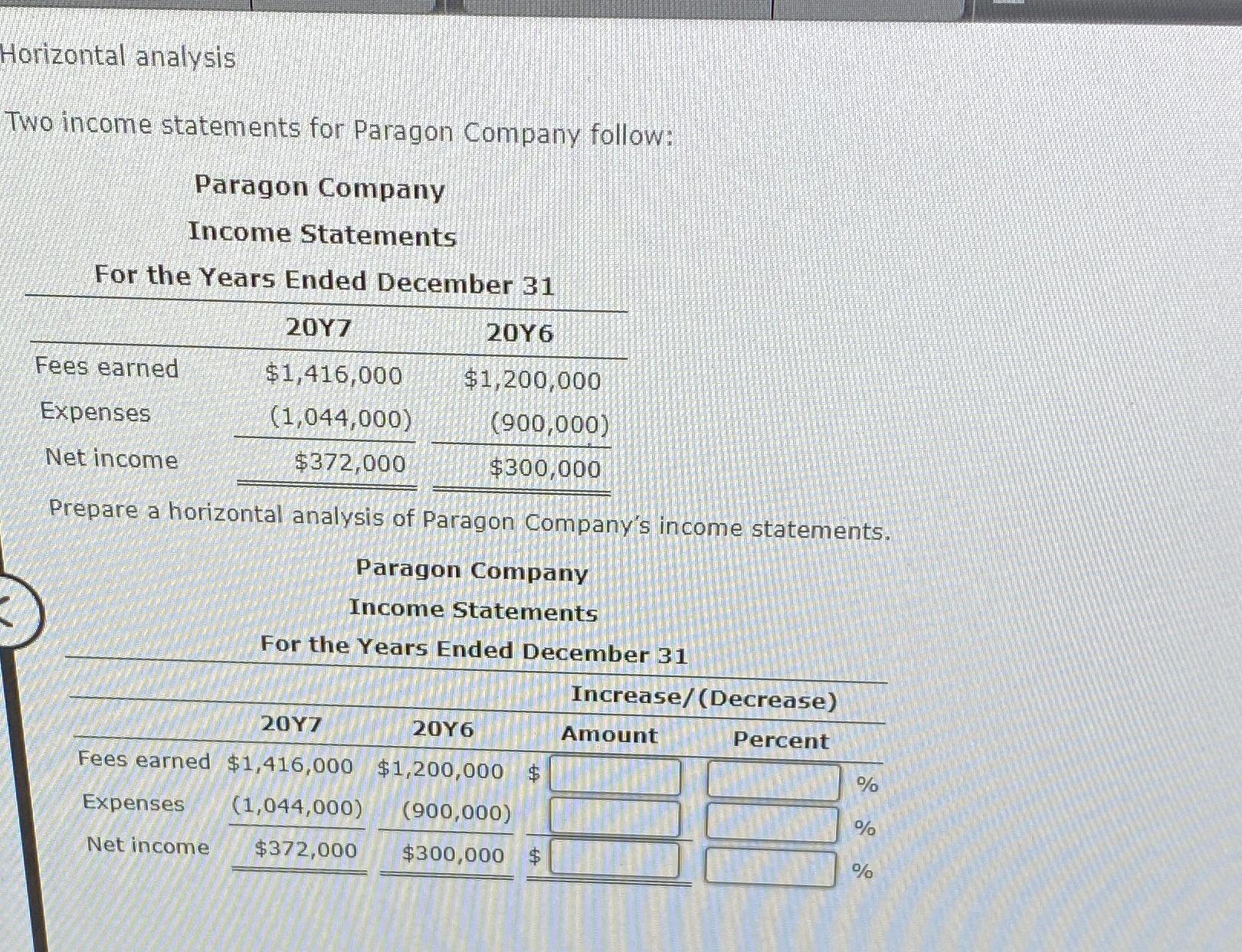 Solved Horizontal analysisTwo income statements for Paragon | Chegg.com