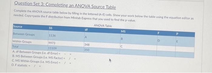 Solved Question Set 3: Completing an ANOVA Source Table | Chegg.com