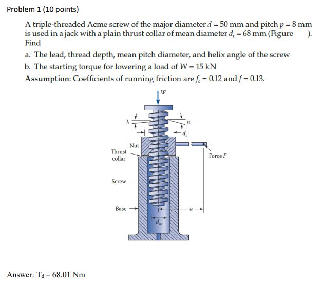 Problem 1 (10 ﻿points)A triple-threaded Acme screw of | Chegg.com