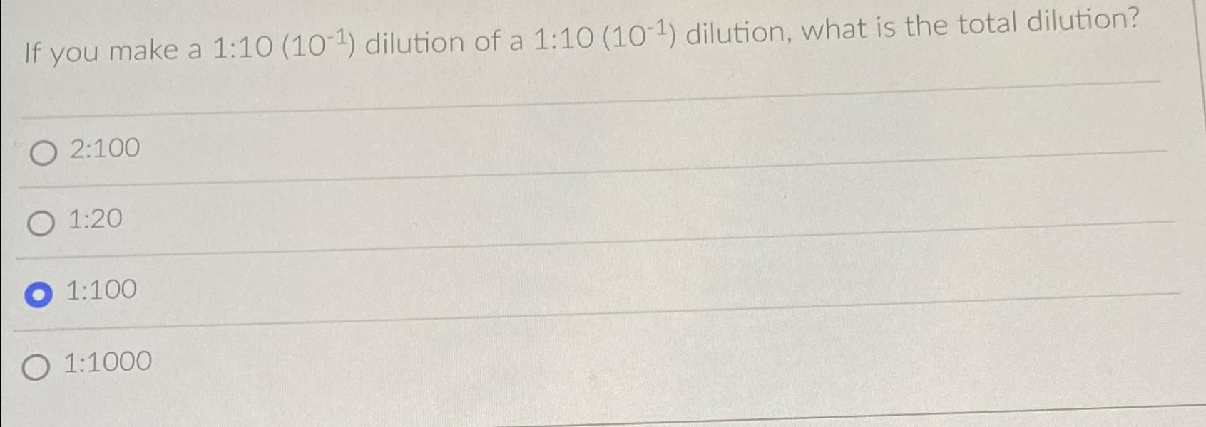 Solved If you make a 1:10(10-1) ﻿dilution of a 1:10(10-1) | Chegg.com