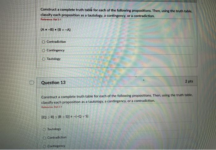 Solved Construct a complete truth table for each of the | Chegg.com