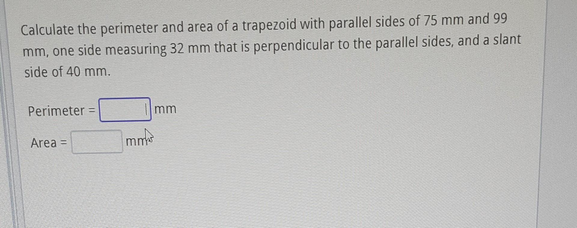 Solved Calculate the perimeter and area of a trapezoid with | Chegg.com