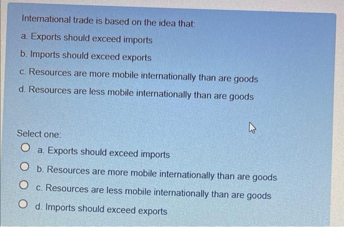Solved International trade is based on the idea that: a. | Chegg.com