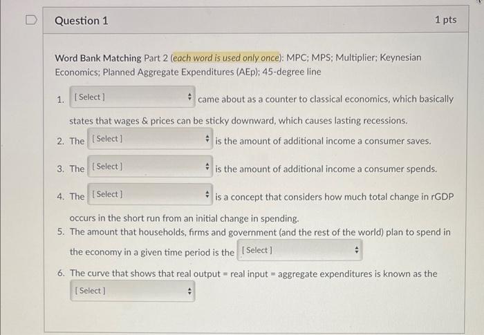 Solved D Question 1 1 pts Word Bank Matching Part 2 (each | Chegg.com
