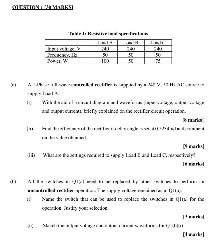 Solved Table 1: Resistive load specifications (a) A 1-Phase | Chegg.com