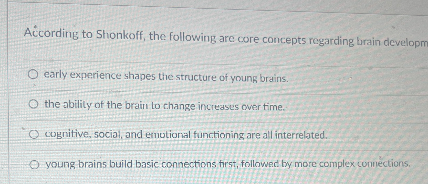 Solved Aćcording to Shonkoff, the following are core | Chegg.com