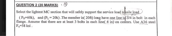 Solved Select the lightest MC section that will safely | Chegg.com