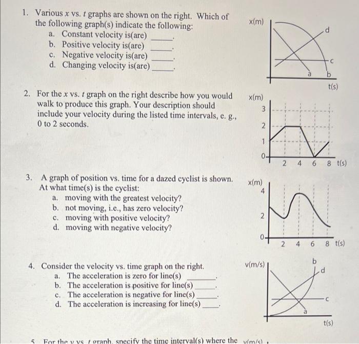 Solved x(m) d 1. Various x vs. t graphs are shown on the | Chegg.com