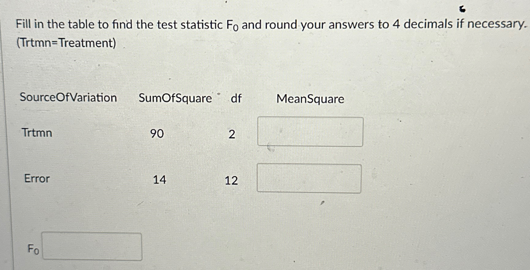 Solved Fill in the table to find the test statistic F0 ﻿and | Chegg.com
