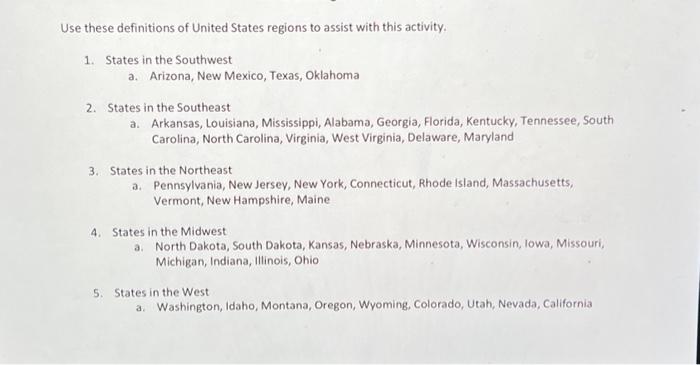 Solved Use these definitions of United States regions to | Chegg.com