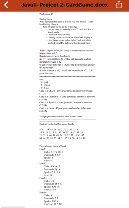 Solved Java1- Project 2-CardGame.docx Total points: 15 | Chegg.com