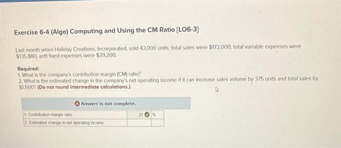 Solved Exercise 6-4 (Algo) Computing and Using the CM Ratio | Chegg.com