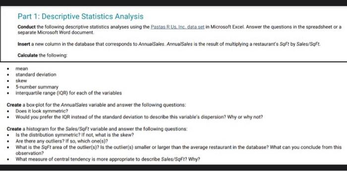 Solved Part 1: Descriptive Statistics Analysis Conduct the | Chegg.com
