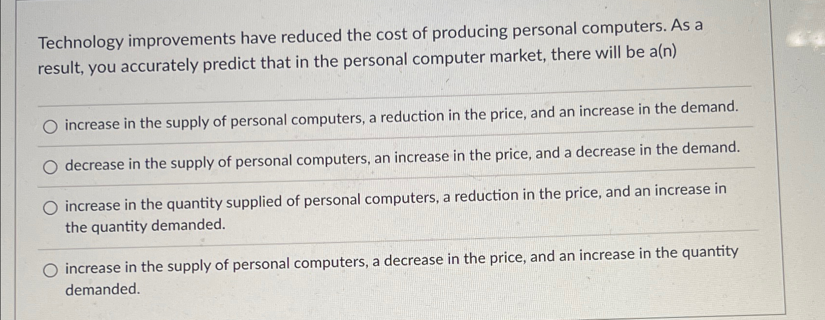 Solved Technology improvements have reduced the cost of | Chegg.com