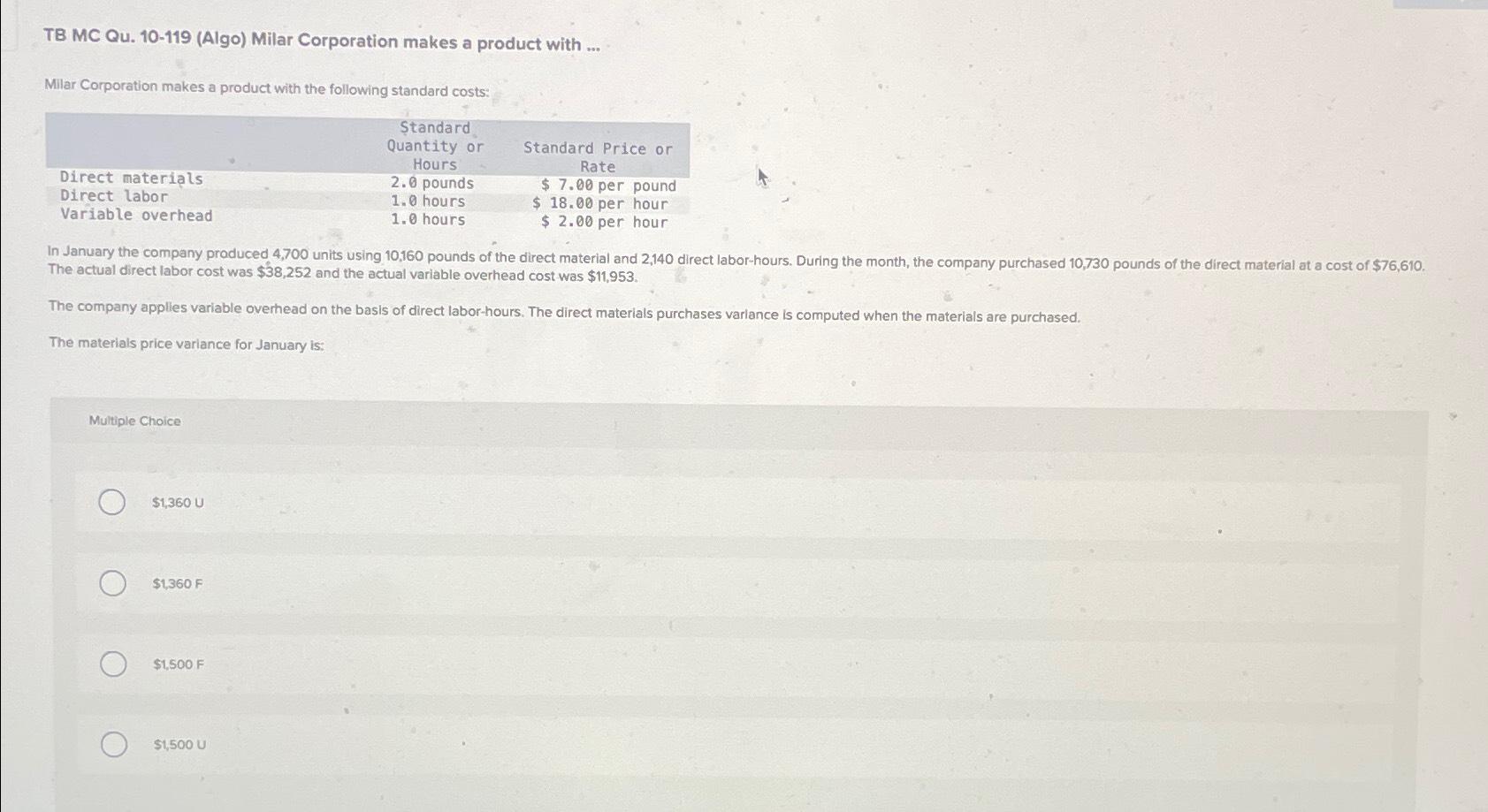 Solved TB MC Qu. 10-119 (Algo) ﻿Milar Corporation makes a | Chegg.com
