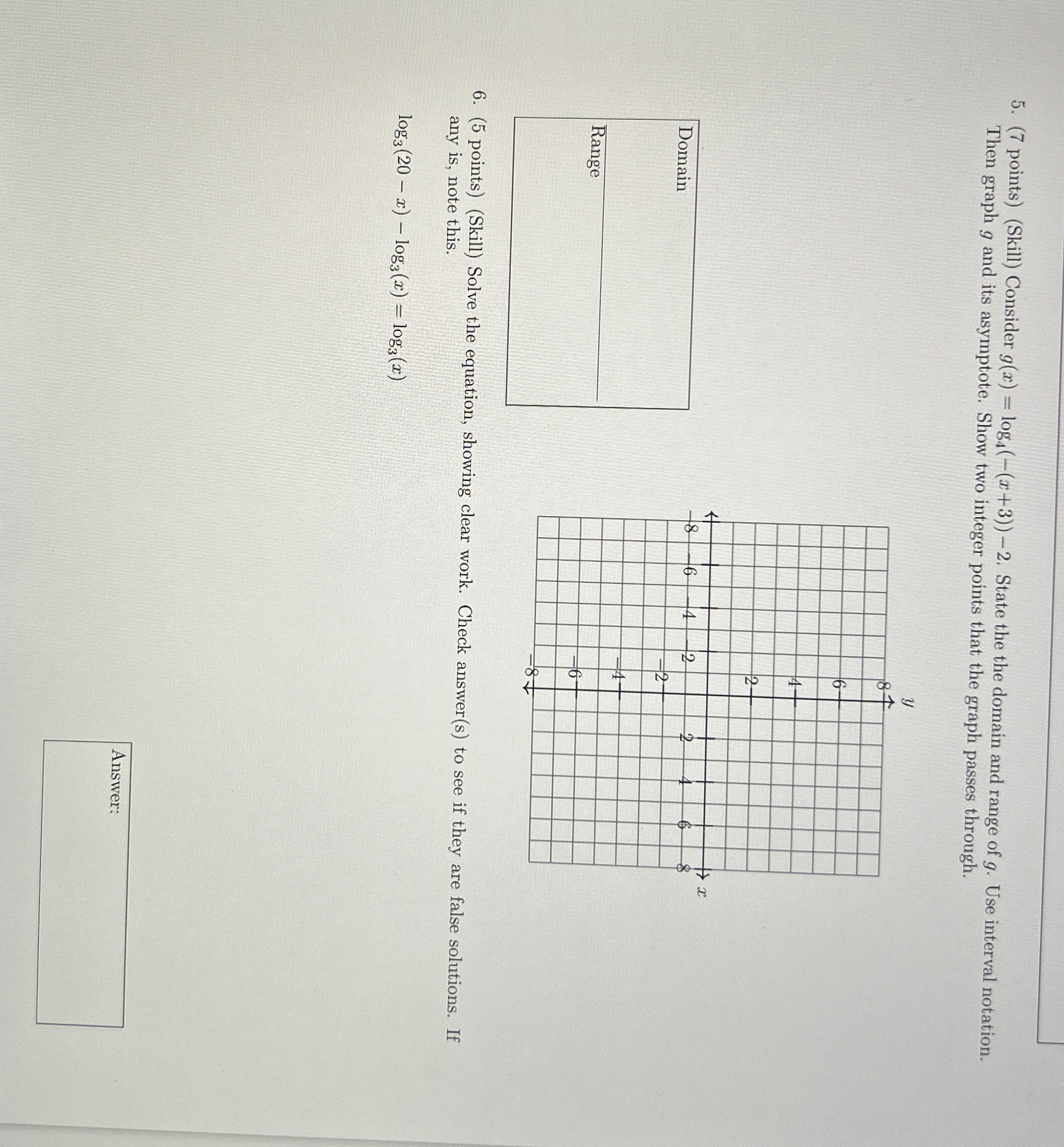 Solved (7 ﻿points) (Skill) ﻿Consider g(x)=log4(-(x+3))-2. | Chegg.com