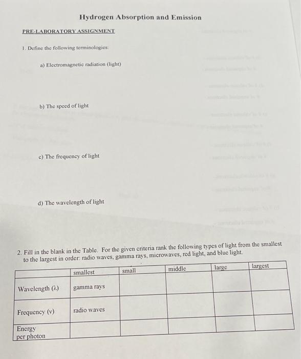Solved Hydrogen Absorption and Emission PRE-IABORATORY | Chegg.com