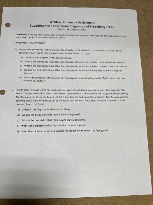 Solved Written Homework Assignment Supplemental Topic Venn 