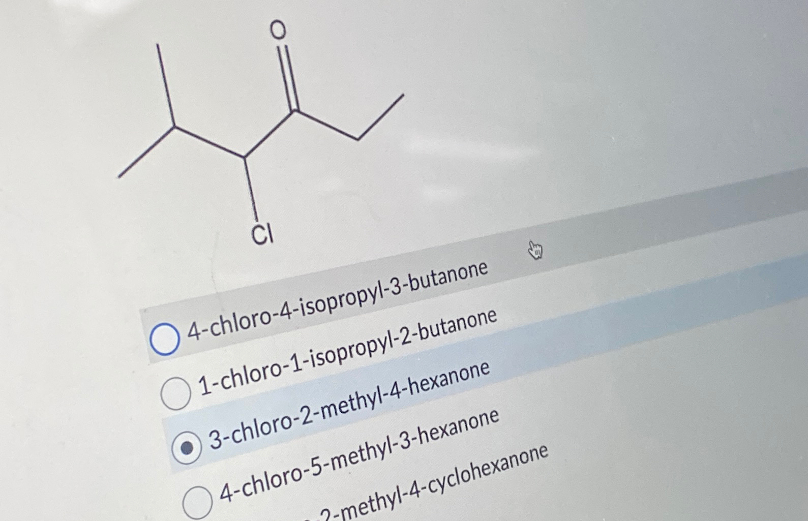 Solved 4-chloro-4-isopropyl-3-butanone1-chloro-1-isopropyl-2 | Chegg.com