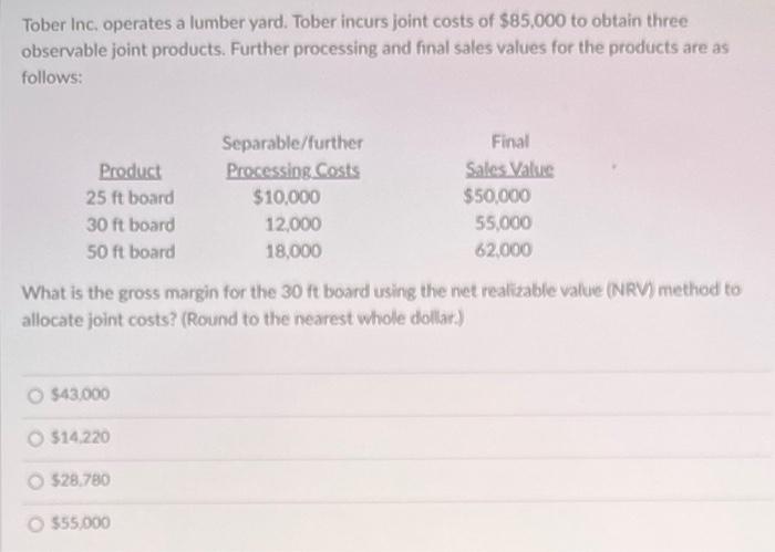 Solved Tober Inc, operates a lumber yard. Tober incurs joint | Chegg.com