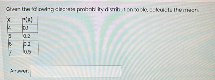 Solved Given the following discrete probability distribution | Chegg.com