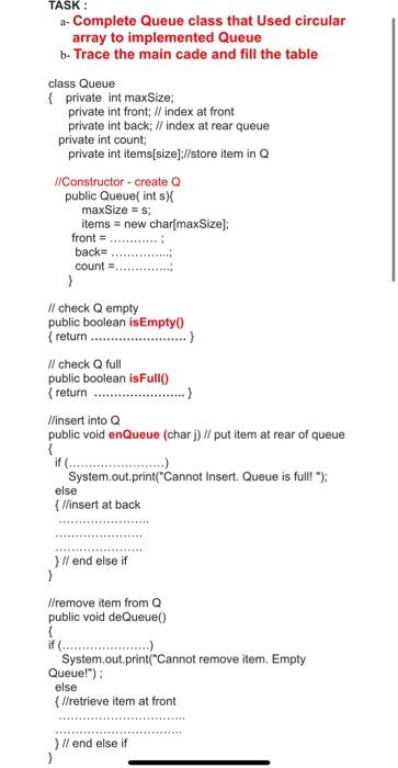 Solved TASK : a- Complete Queue class that Used circular | Chegg.com