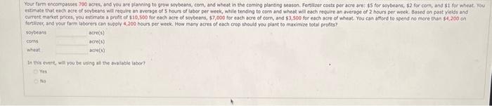 Solved Your farm encompasses 700 acres, and you are planning | Chegg.com