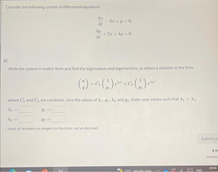 Solved Consider the following system of differential | Chegg.com