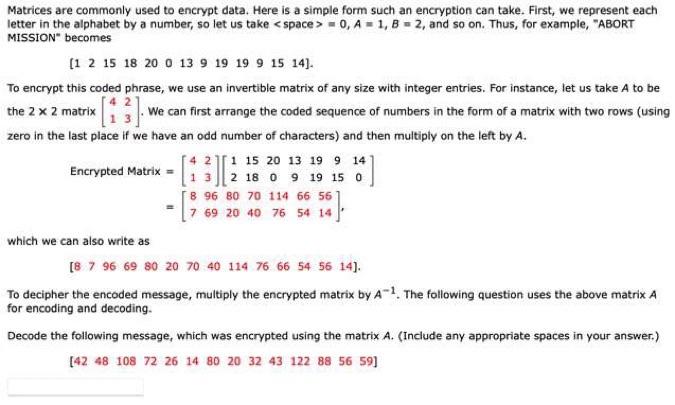 Solved Encryption Matrices are commonly used to encrypt | Chegg.com