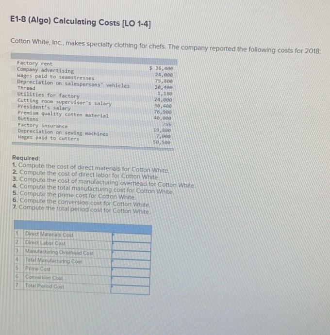Solved E1-8 (Algo) Calculating Costs [LO 1-4] Cotton White, | Chegg.com