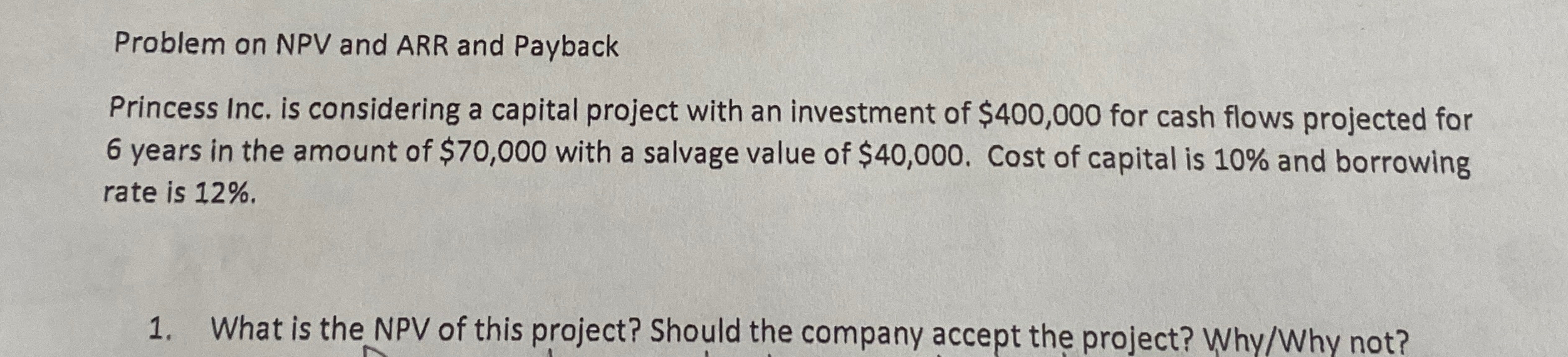Solved Problem on NPV and ARR and PaybackPrincess Inc. is | Chegg.com