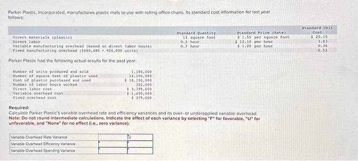 Solved Calculate Parker Plastic’s variable overhead rate and | Chegg.com Solved Calculate Parker Plastic’s variable overhead rate and | Chegg.com