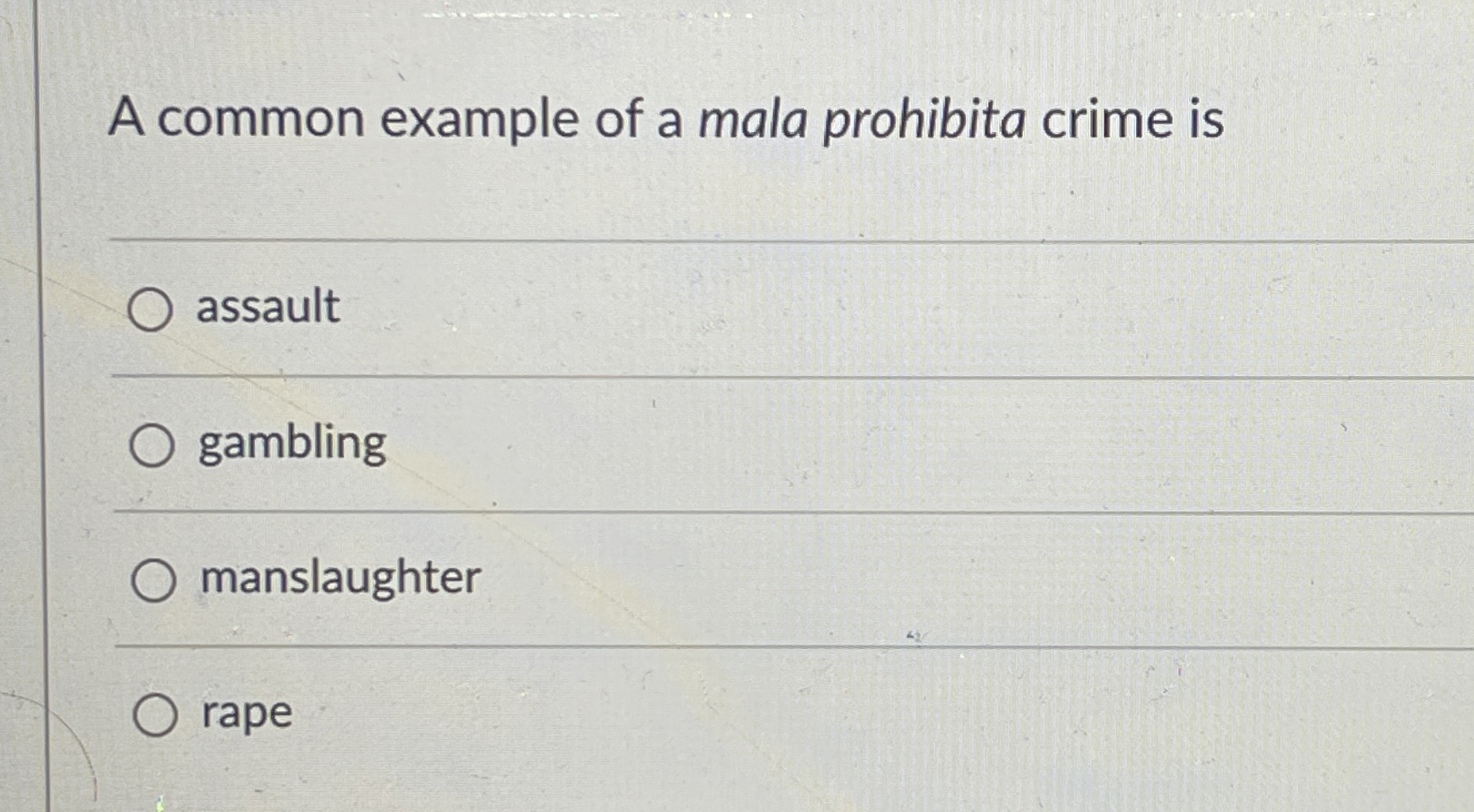 Solved A common example of a mala prohibita crime | Chegg.com