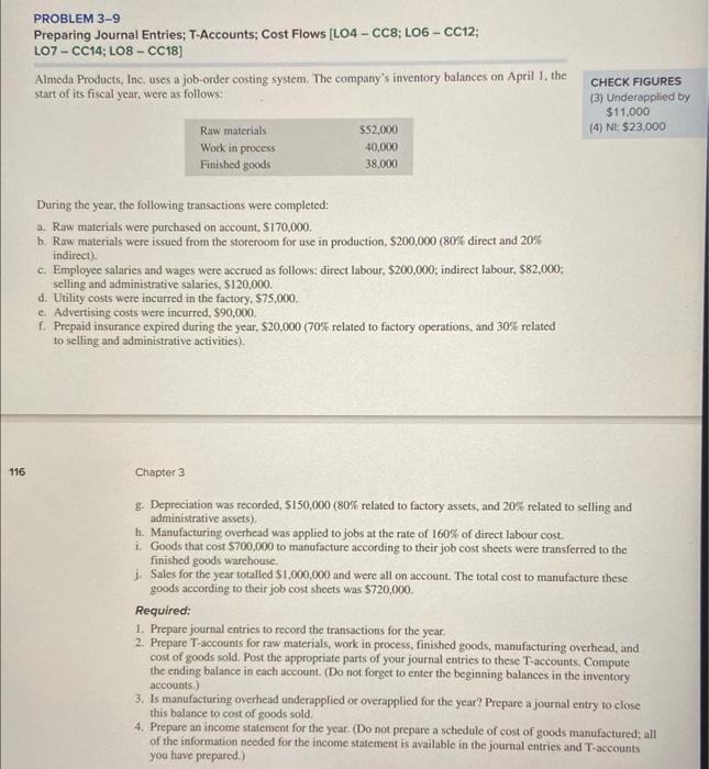 Solved PROBLEM 3-9 Preparing Journal Entries; T-Accounts; | Chegg.com