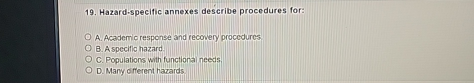 Solved Hazard-specific annexes describe procedures for:A. | Chegg.com