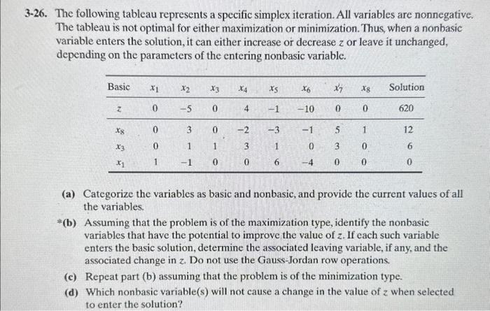 Solved 26. The following tableau represents a specific | Chegg.com