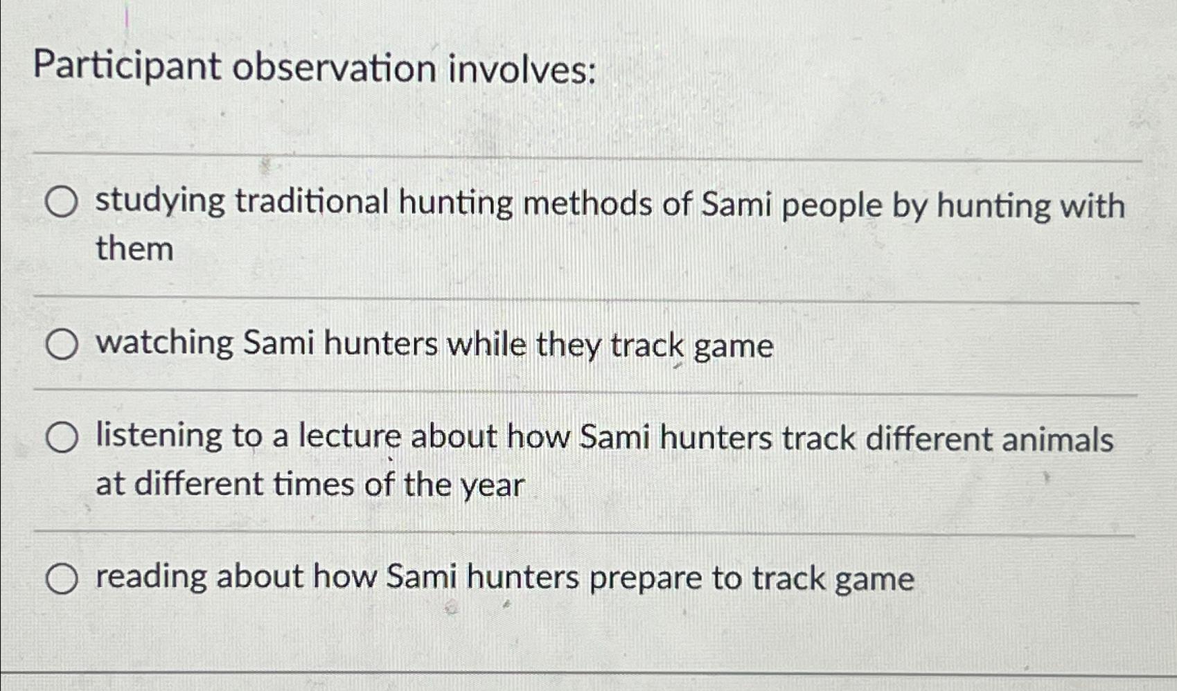 Solved Participant observation involves:studying traditional | Chegg.com