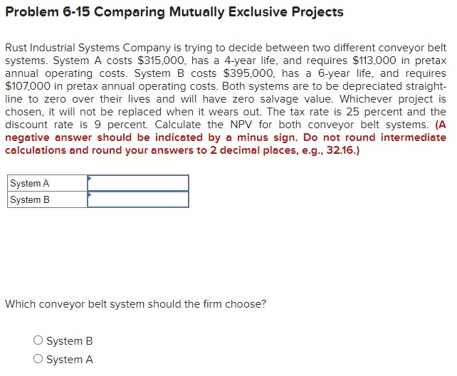 Solved Problem 6-15 ﻿Comparing Mutually Exclusive | Chegg.com