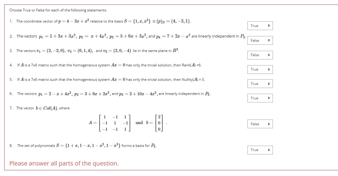 Solved Choose True or False for each of the following | Chegg.com