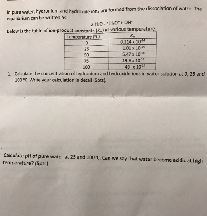 Solved In pure water, hydronium and hydroxide ions are | Chegg.com