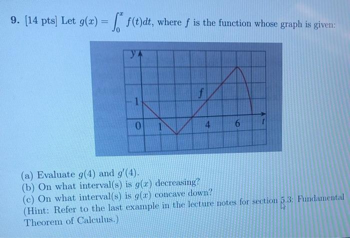 Solved 9. [14 pts] Let g(x)=∫0xf(t)dt, where f is the | Chegg.com