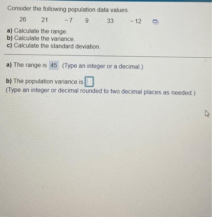 Solved Consider the following population data values. 26 21 | Chegg.com